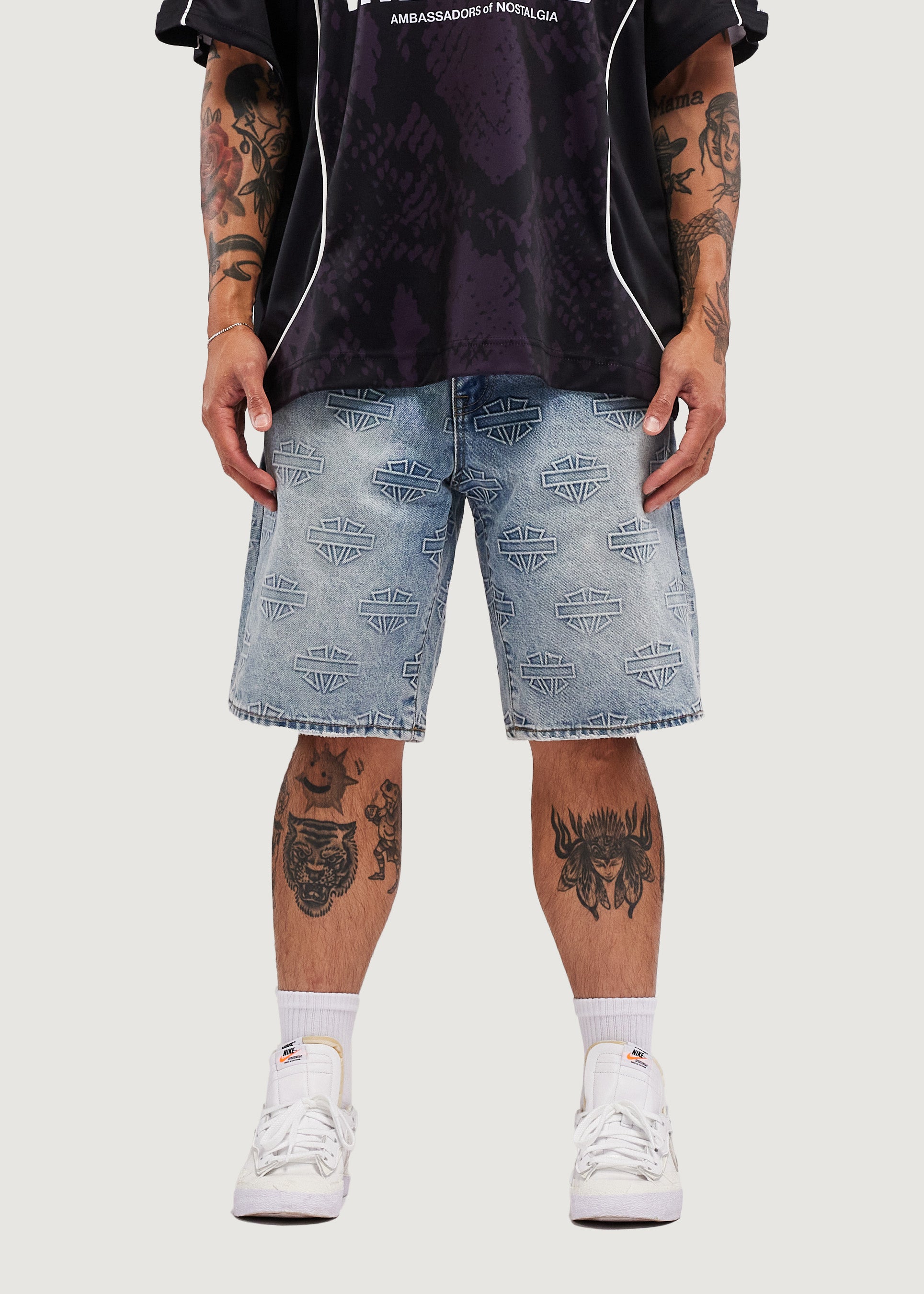 M Shield Debossed Pattern Denim Shorts (Light Blue) – Memory Lane LA